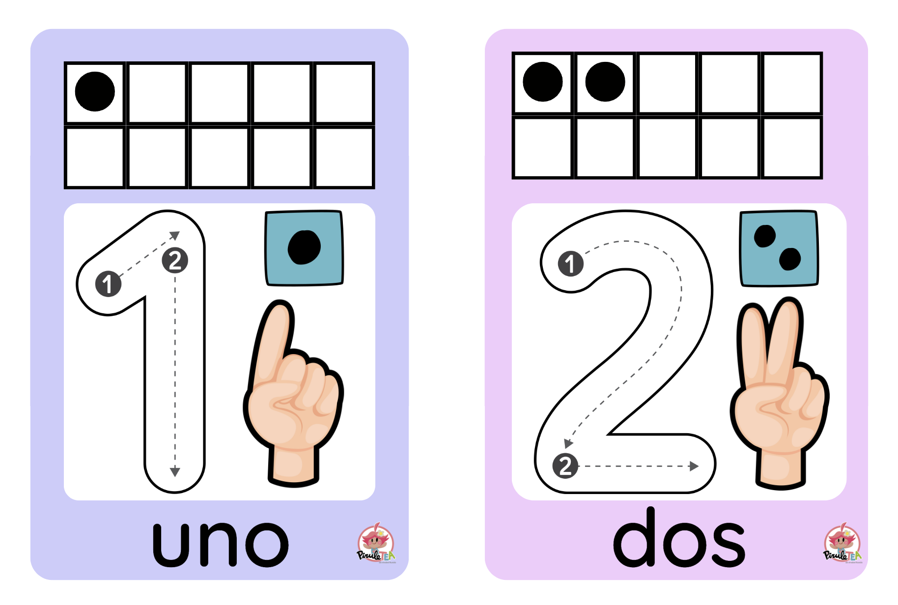 Tarjetas de números con trazos, dedos, dados…