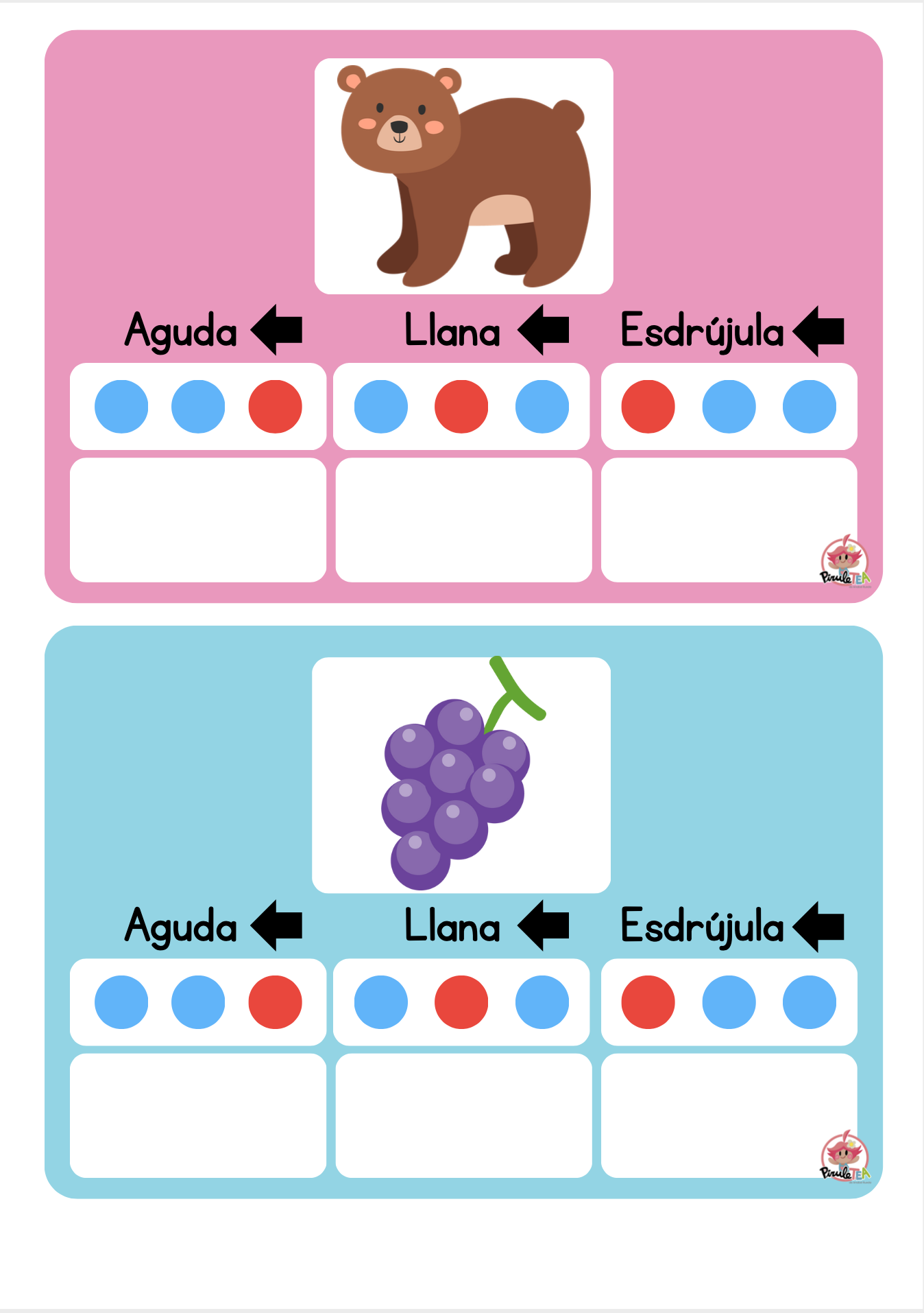 Tarjetas de palabras agudas, llanas y esdrújulas